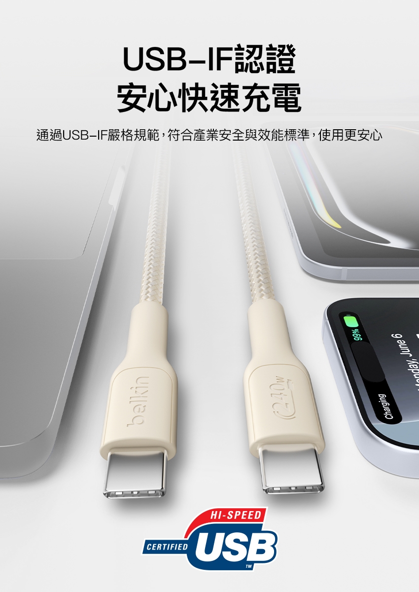 Belkin BoostCharge Pro USB-C to USB-C 1M 編織充電線 傳輸線 60W CAB024fq1M|充電傳輸線|ETMall東森購物網