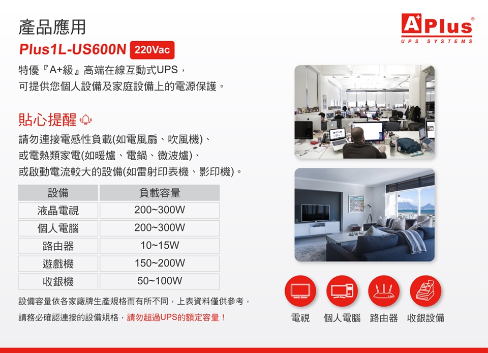 【電壓220V】特優Aplus 在線互動式UPS Plus1L-US600N(600VA/360W)|UPS不斷電系統|ETMall東森購物網