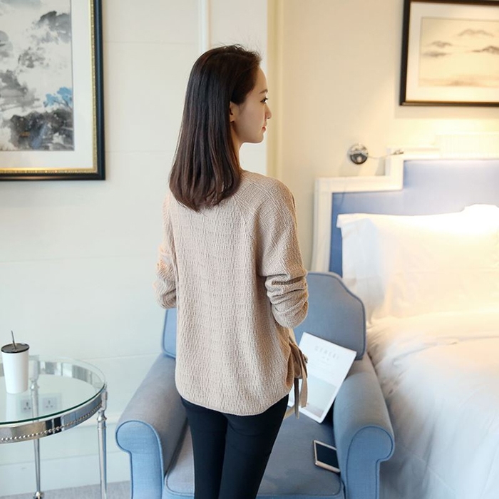 BJ COLLECTION 日系圓領單邊綁帶針織上衣 BJC30059 淺咖啡色M