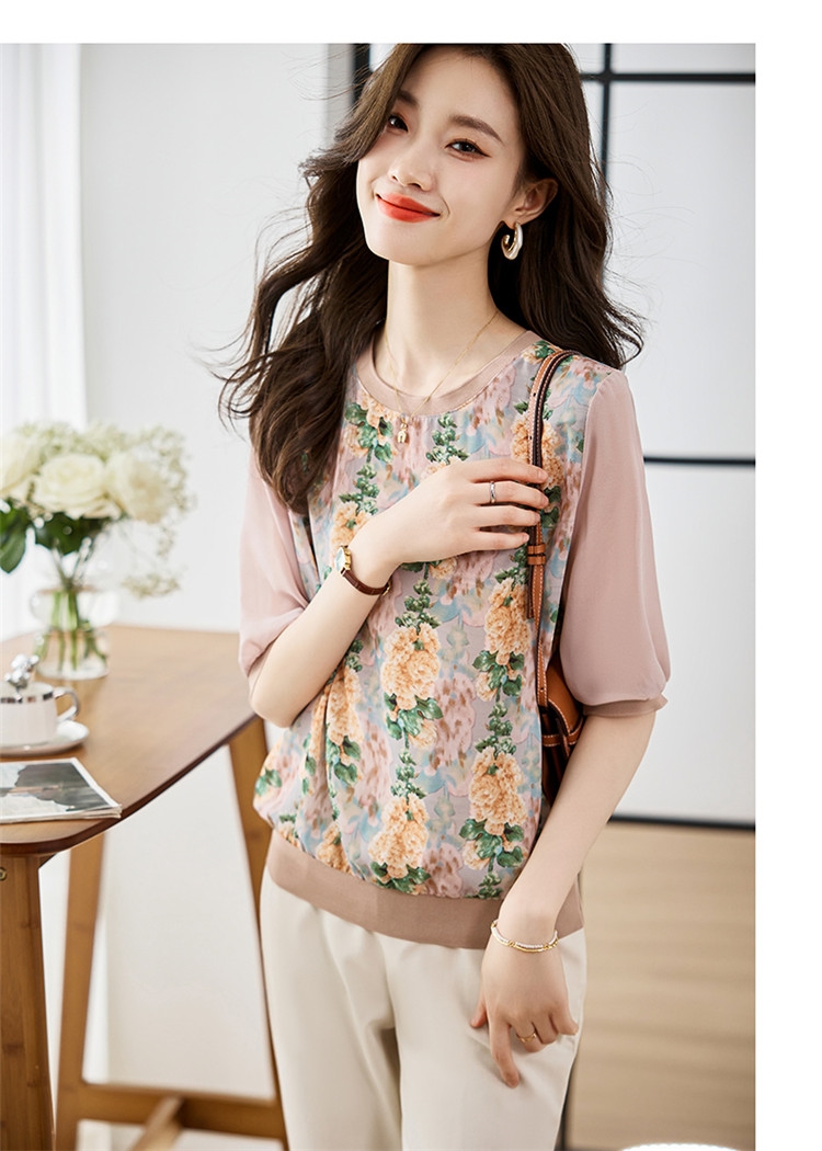 AKARA 氣質出眾韓版春暖花雪紡五分袖上衣 (春秋 3XL有做 修身剪裁 中大尺碼)|造型上衣|ETMall東森購物網