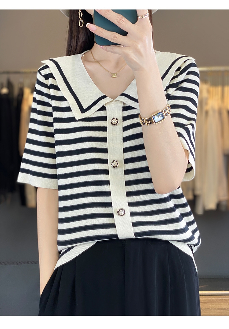 【ALLK 歐楷】新品 翻領配色針織衫上衣 條紋色(尺寸F/中大尺碼/涼爽/透氣)|造型上衣|ETMall東森購物網