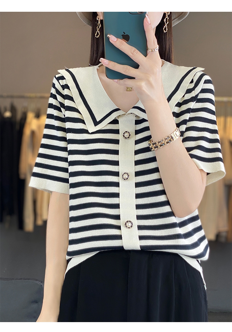 【ALLK 歐楷】新品 翻領配色針織衫上衣 條紋色(尺寸F/中大尺碼/涼爽/透氣)|造型上衣|ETMall東森購物網