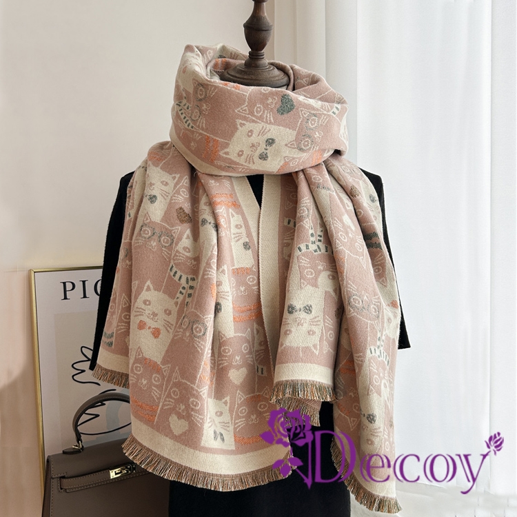 【Decoy】秋冬萌趣 貓咪圖騰仿羊絨雙用披肩圍巾/湖藍|刷毛圍巾/披肩|ETMall東森購物網