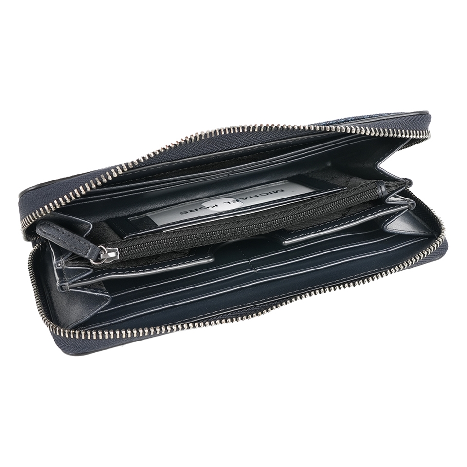 MICHAEL KORS Cooper 銀字滿版塗層帆布ㄇ形拉鍊直式長夾(深藍色)|MK長中短夾|ETMall東森購物網