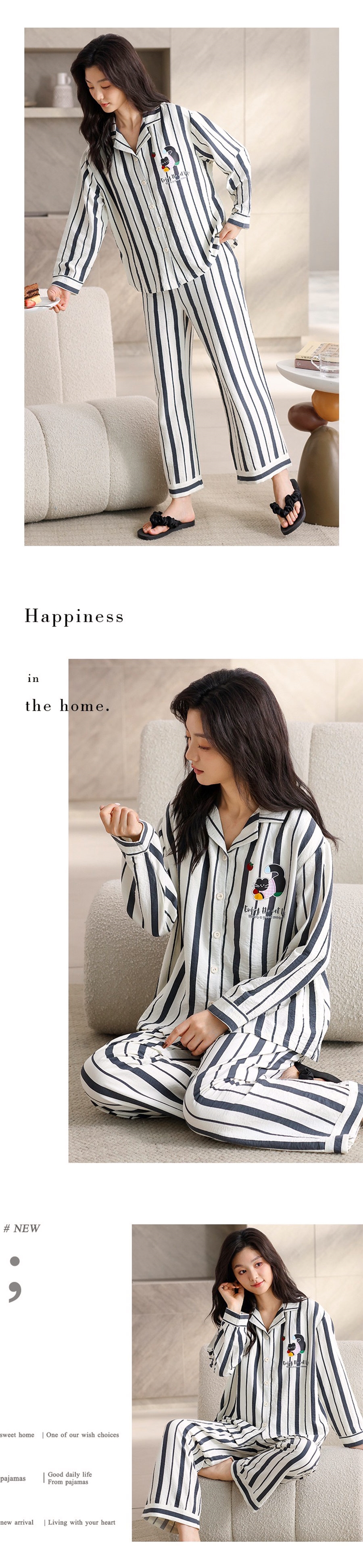 【PINK LADY】雲感棉長袖睡衣 貓語條紋 寬版排釦成套居家服(女睡衣/上衣長褲/V領/簡約/肌理感/秋冬) 35956|長袖兩件睡衣褲|ETMall東森購物網