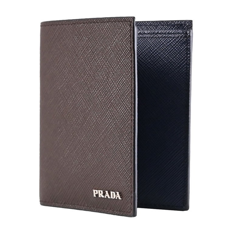 PRADA 2MO004 簡約LOGO內裏撞色防刮對開短夾.深咖/藍|長夾/中夾/短夾|ETMall東森購物網