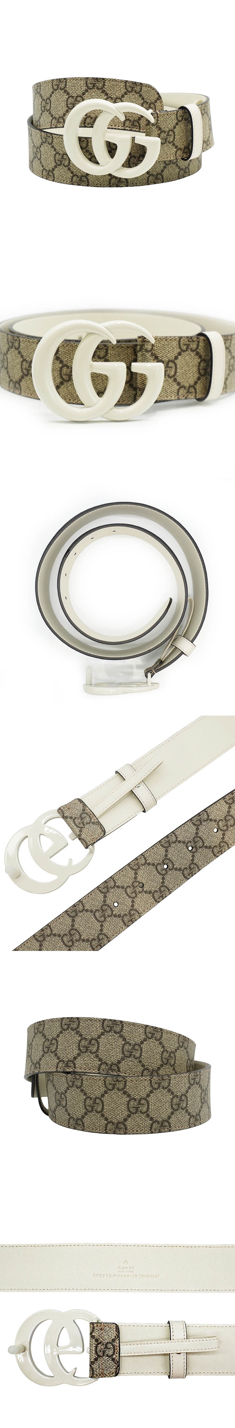 Gucci 雙G白logo皮革拚帆布皮帶#80(400593-咖)|衣鞋/相關配件|ETMall東森購物網