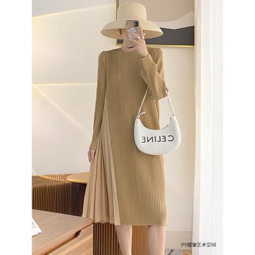 PY褶皺輕熟連衣裙女中長款春秋2024新款三宅針織裙子長袖百褶裙子|洋裝|ETMall東森購物網