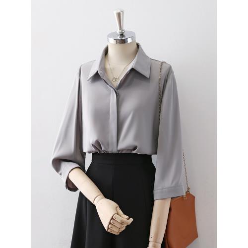 七分袖OL正裝襯衣2025夏季女裝職業通勤韓系灰色翻領垂感緞面襯衫|襯衫|ETMall東森購物網