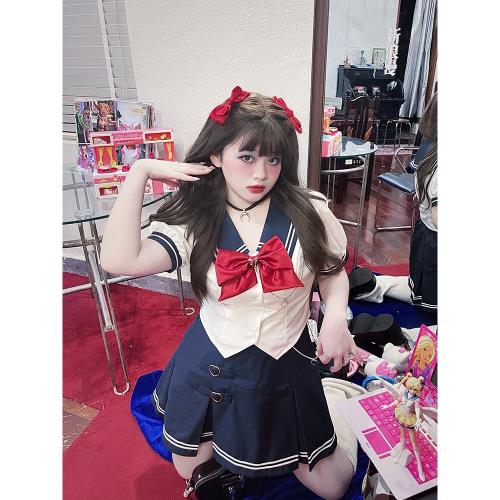 硬糖大碼女裝原創 設計辣妹水冰月制服套裝胖mm顯瘦短裙jk兩件套|大尺碼連身裙|ETMall東森購物網