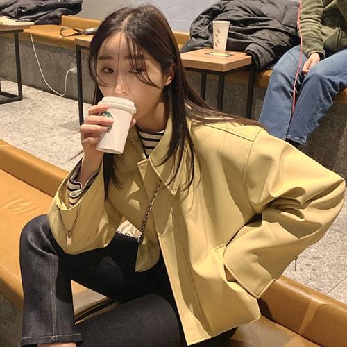 chic春季奶油黃翻領拉鏈PU皮衣|短外套|ETMall東森購物網