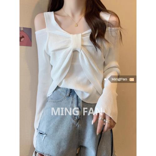 G2025新款秋季女裝法式小眾長袖上衣修身顯瘦露肩蝴蝶結針織衫春|毛針織衫|ETMall東森購物網