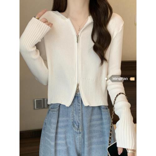 G2025年新款秋季女裝雙拉鏈針織開衫設計感小眾短款連帽外套上衣|毛針織衫|ETMall東森購物網