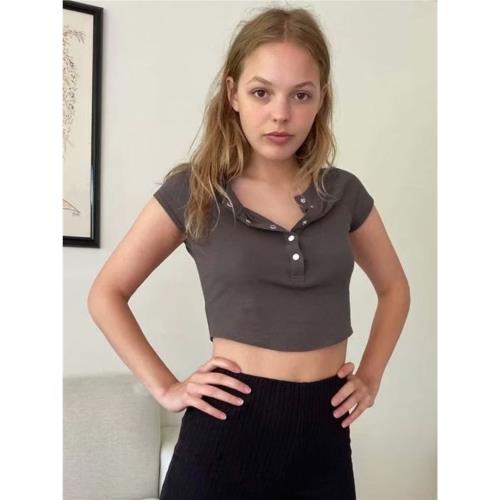 歐美風ins女裝半紐扣露臍短款緊身T恤2025年新款夏季短袖修身上衣|T恤|ETMall東森購物網