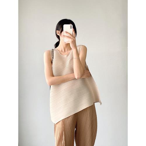 PY褶皺上衣女裝無袖T恤夏新款時尚圓領純色不規則寬松大碼小衫|T恤|ETMall東森購物網