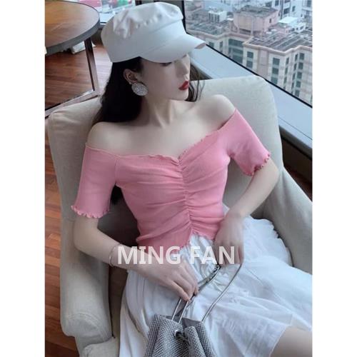 女裝修身超短款一字深V褶皺上衣|T恤|ETMall東森購物網