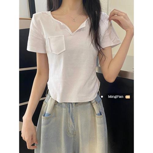 G2025新款夏季女裝修身百搭V領短款上衣設計感不規則下擺短袖T恤|T恤|ETMall東森購物網