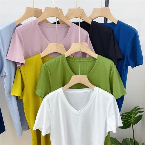 姜黃色 80支絲光棉基礎款女款短袖T恤V領圓領！圖雖然丑貨很好|T恤|ETMall東森購物網