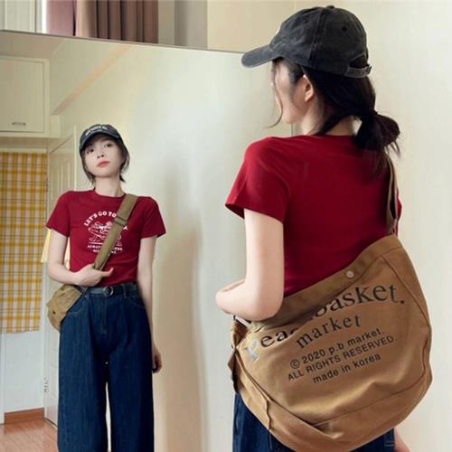 正肩紅色時尚上衣韓版ins短袖t恤|T恤|ETMall東森購物網