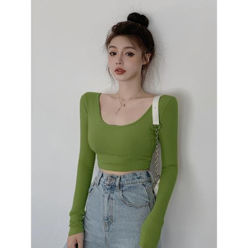 長袖低胸u領高腰露臍上衣打底T恤|T恤|ETMall東森購物網