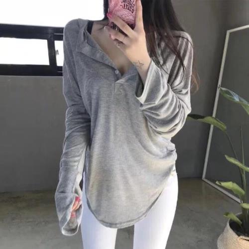 韓國東大門女裝2021時尚春秋本色自然又好搭落肩寬松系扣長袖T恤|T恤|ETMall東森購物網