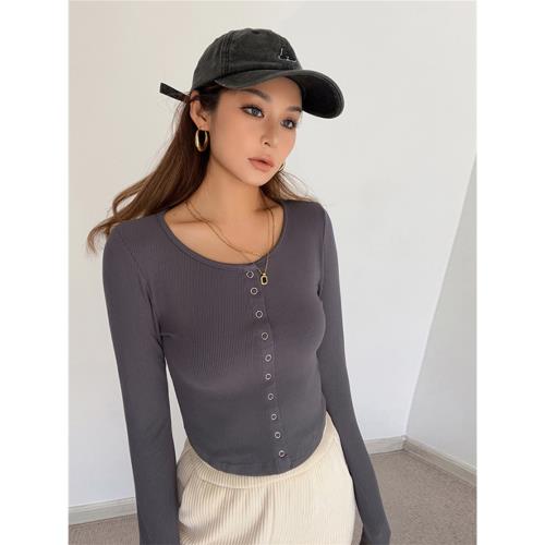 短T弧形下擺長袖上衣ins超可排扣|T恤|ETMall東森購物網