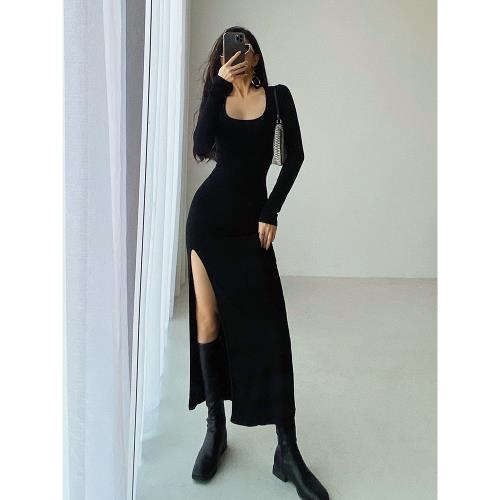 u領ins側開叉緊身包臀過膝連衣裙|洋裝|ETMall東森購物網