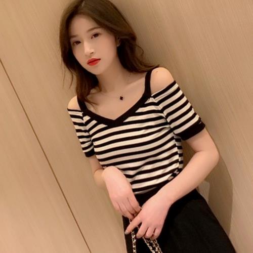 露肩設計感條紋純棉ins V領短袖|蕾絲衫/雪紡衫|ETMall東森購物網