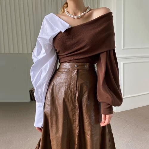 chic露肩針織拼接PU皮泡泡袖上衣|時尚套裝|ETMall東森購物網