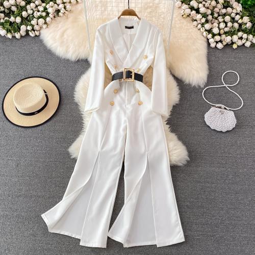 2025春季時尚OL職業氣質綁帶收腰西裝領連體褲高腰開叉闊腿連衣褲|連身衣/褲|ETMall東森購物網