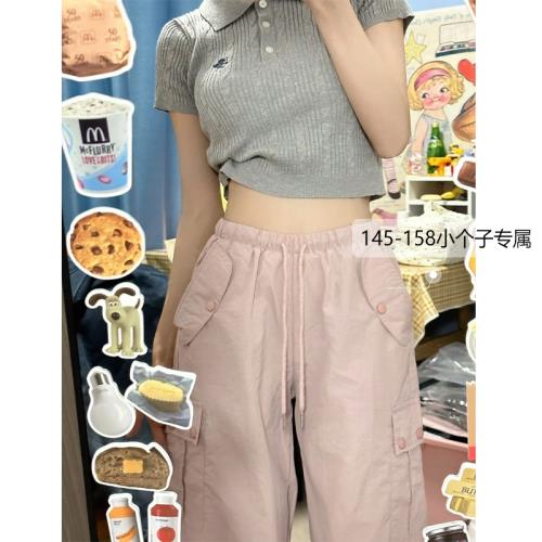 150小矮個子粉色工裝褲女夏美式復古設計感直筒闊腿褲顯高九分xxs|休閒褲|ETMall東森購物網