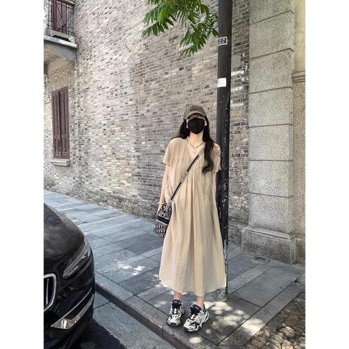 大碼法式復古過膝V領連衣裙女夏季胖mm2-300斤寬松肌理感雪紡長裙|大尺碼連身裙|ETMall東森購物網