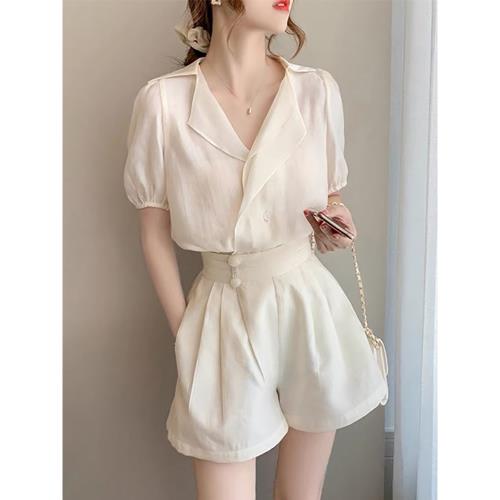 2025年夏裝新款輕熟風職業ol套裝女小個子別致雪紡闊腿短褲兩件套|大尺碼連身裙|ETMall東森購物網