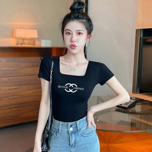 純棉黑色t恤女夏季新款修身顯瘦體恤設計感法式方領短袖上衣ins潮|T恤|ETMall東森購物網