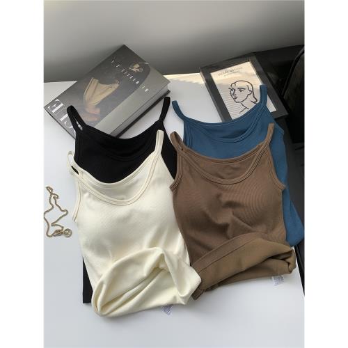 帶胸墊二合一V領背心女23夏季外穿螺紋棉修身顯瘦百搭遮副乳吊帶|背心吊帶|ETMall東森購物網