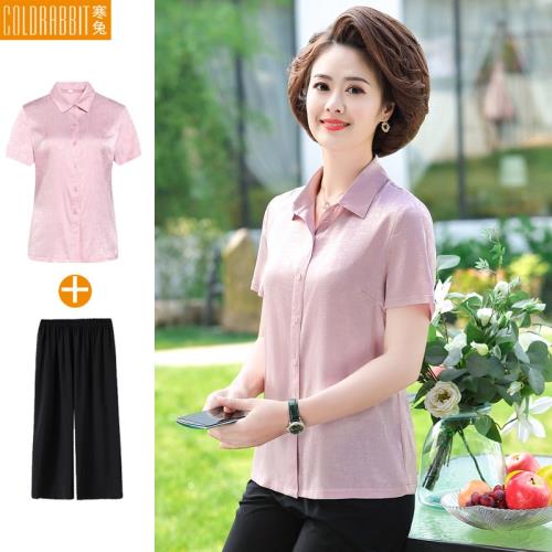 媽媽夏裝短袖襯衫洋氣中年婦女夏天翻領上衣中老年T恤套裝40歲50|中老年女裝|ETMall東森購物網