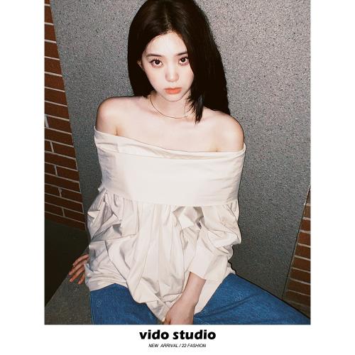 歐陽娜娜同款杏色一字肩長袖襯衫女23春季純欲風溫柔甜美氣質上衣|襯衫|ETMall東森購物網