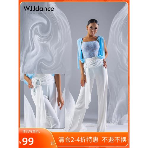WJJdance摩登舞褲子女新款高腰金屬環雪紡飄帶交誼國標長褲練功服|拉丁舞下裝|ETMall東森購物網