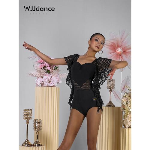 WJJdance國標舞連體上衣女2023新款波浪網紗短袖飄帶交誼摩登舞衣|拉丁舞上裝|ETMall東森購物網
