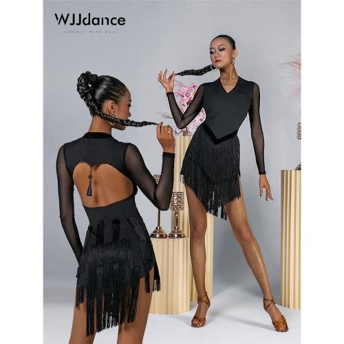 WJJdance拉丁舞連衣裙女成人2024新款網紗短袖流蘇鏤空露背練功服|拉丁舞練習套裝|ETMall東森購物網
