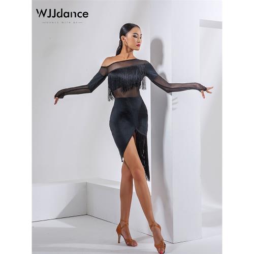 WJJdance拉丁舞流蘇連衣裙女2025新款網紗露肩斜領國標練功服套裝|拉丁舞練習套裝|ETMall東森購物網