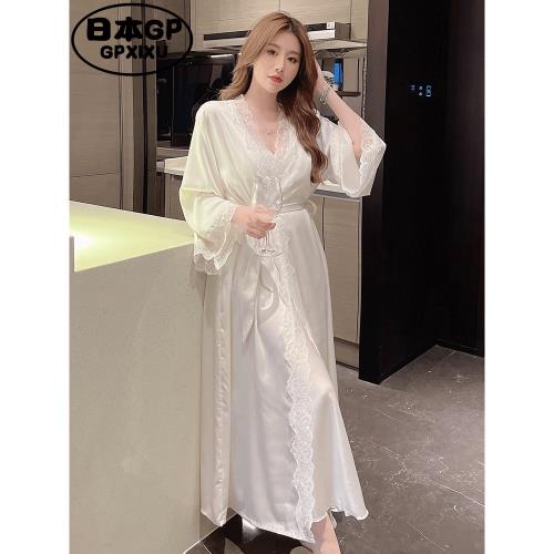 日本GP夏季睡衣女冰絲性感長裙睡袍蕾絲花邊吊帶睡裙春秋兩件套裝|睡裙|ETMall東森購物網