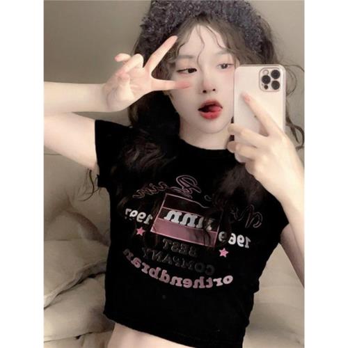 甜辣妹2023年夏季新款純棉印花短袖t恤小個子露肚臍高腰短款上衣|袖扣|ETMall東森購物網