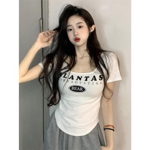 不規則u領正肩短袖t恤女夏季新款2023年修身高腰短款bm風顯瘦上衣|口袋巾|ETMall東森購物網