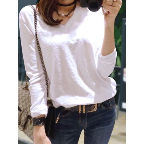 竹節棉V領簡約寬松長袖白色t恤|T恤|ETMall東森購物網