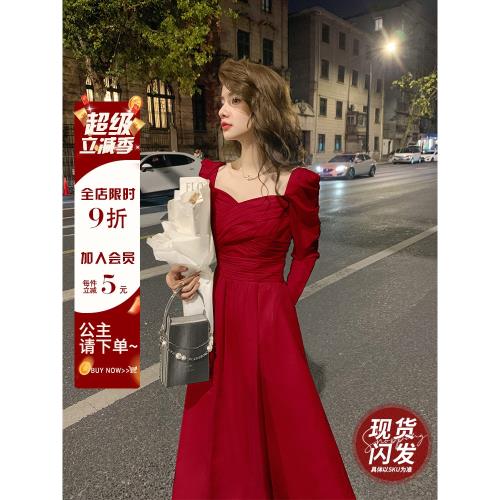 AM NANA秋季新款法式復古紅色連衣裙顯瘦氣質敬酒服長袖禮服長裙|洋裝|ETMall東森購物網