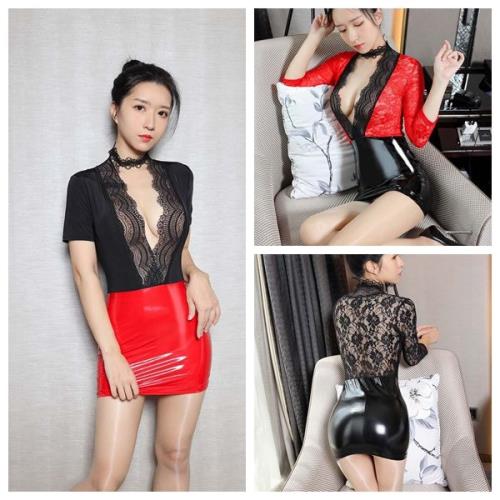 亮皮蕾絲包臀緊身衣拼接性感高彈OL秘書教師空姐套裝夜店包臀短裙|時尚套裝|ETMall東森購物網