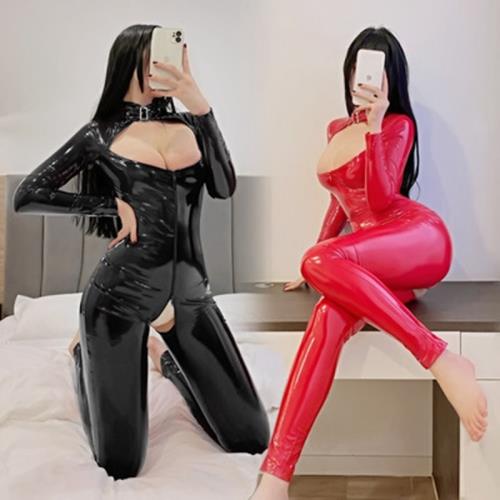 高亮PU漆皮低胸開檔連體衣性感誘惑夜店鏡面亮皮緊身彈力束身衣|塑身連身衣|ETMall東森購物網