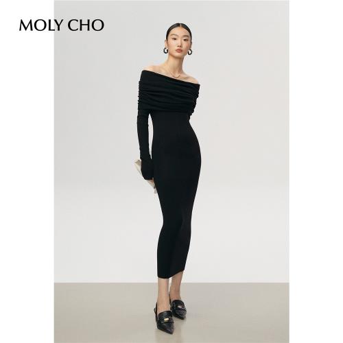 MOLYCHO黑色露肩修身針織連衣裙|洋裝|ETMall東森購物網