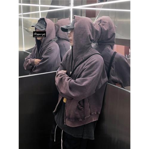 Far Archive紫色做舊水洗破壞拉鏈連帽衛衣高街美式情侶開衫外套|衛衣|ETMall東森購物網